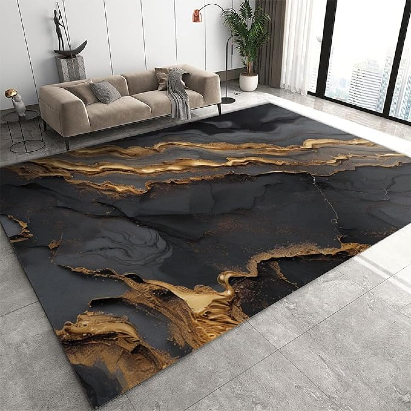 Abstract Gold Texture Art Area Rugs, Black Gold Marble Easy Clean Rug ...