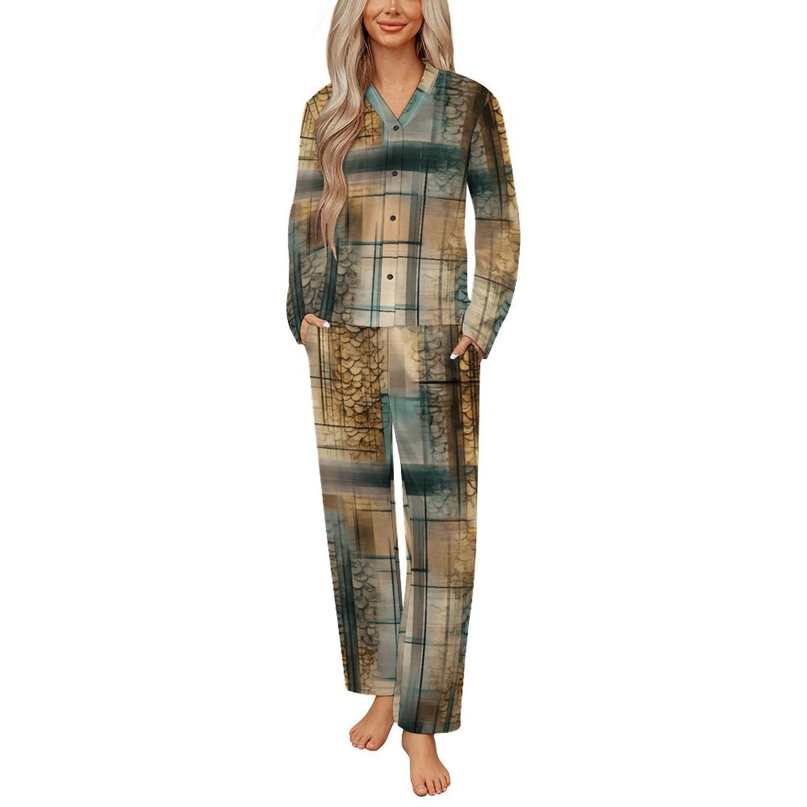 Abstract Gold Textured Pattern Womens Pyjamas Set Button Up Pyjamas ...
