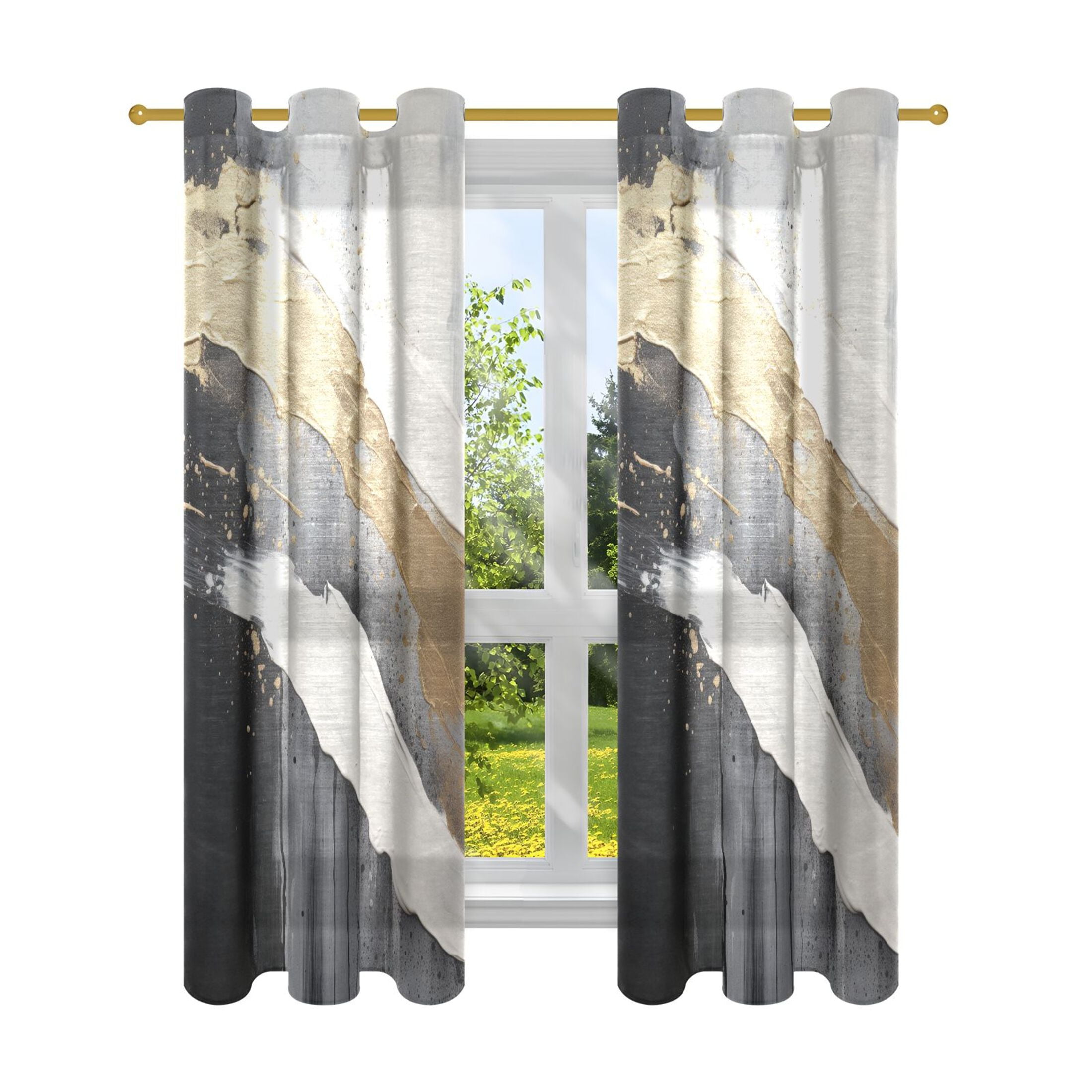 Abstract Gold White Painting Sheer Curtains 2 Panels Set Grommet Drapes ...