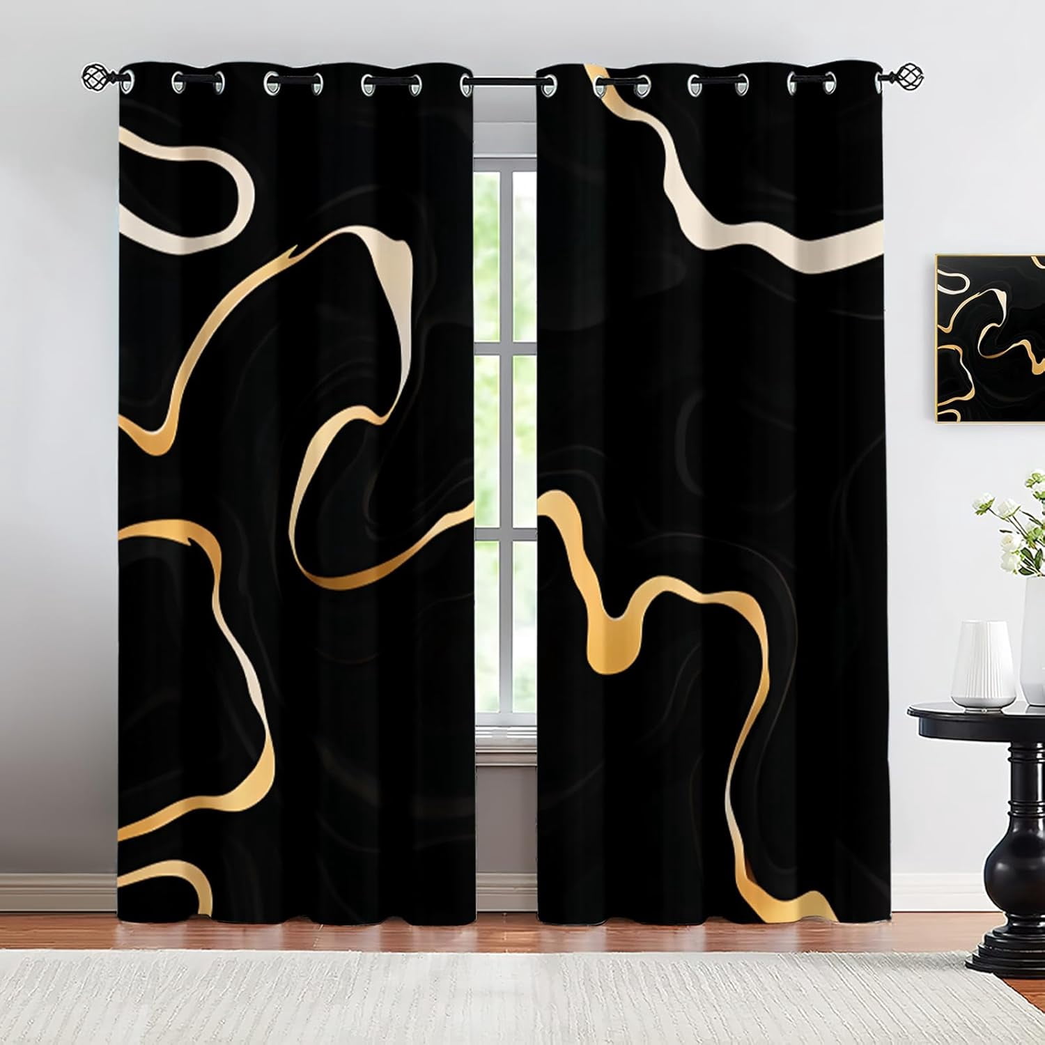 Abstract Golden Curved Stripes 3D Print Curtains, Luxurious Black ...