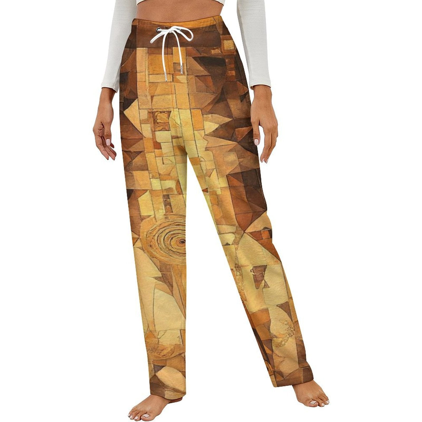 Abstract Golden Geometric Art Winter Female Pants Flannel High Waist ...