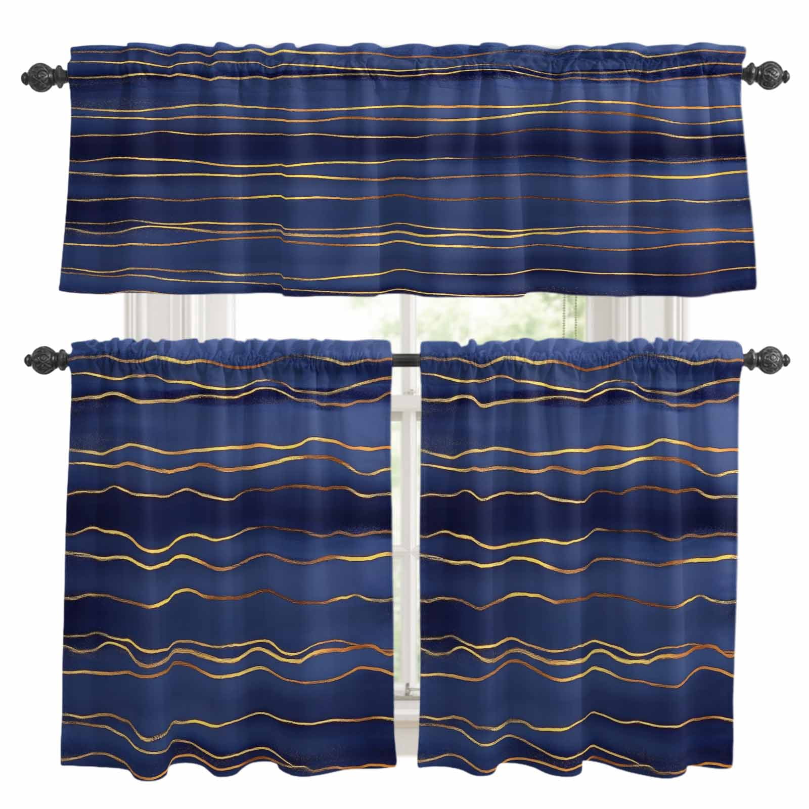 Abstract Golden Kitchen Curtains Set for Windows, Water Ripple Line ...