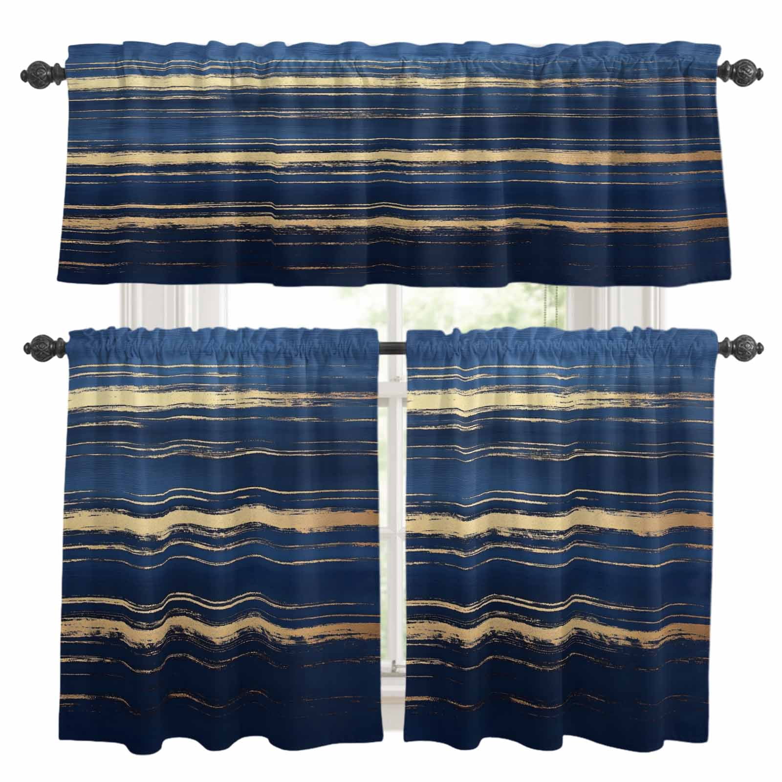 Abstract Golden Kitchen Curtains Set for Windows, Water Ripple Mottled ...