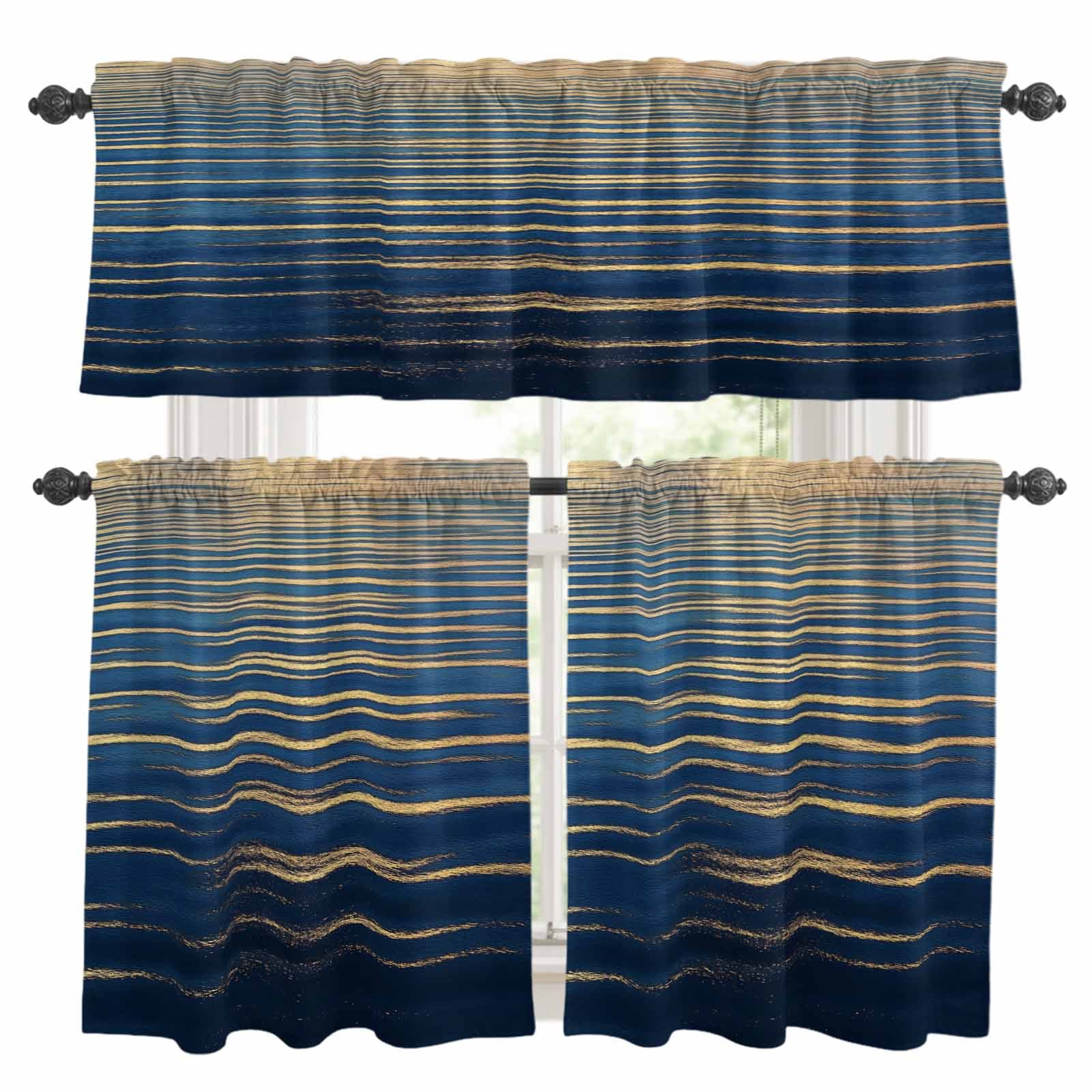 Abstract Golden Kitchen Curtains Set for Windows, Water Ripple Ocean ...