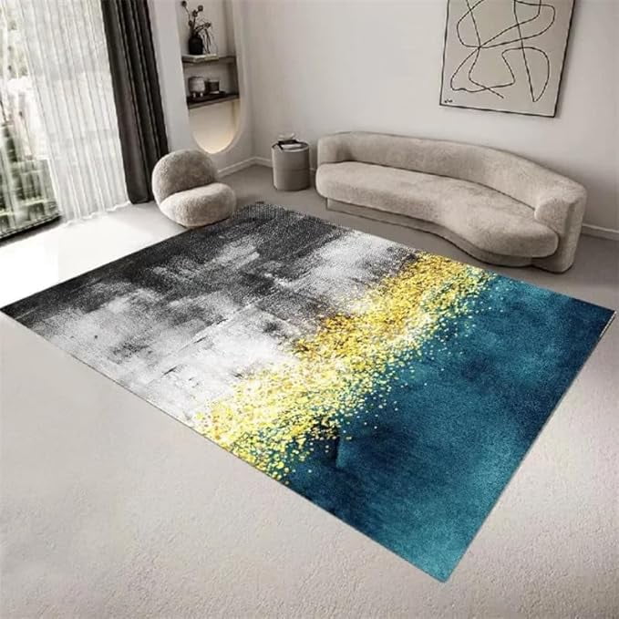 Abstract Golden Large Area Rug For Living Room, Blue Gray Marble Fade ...