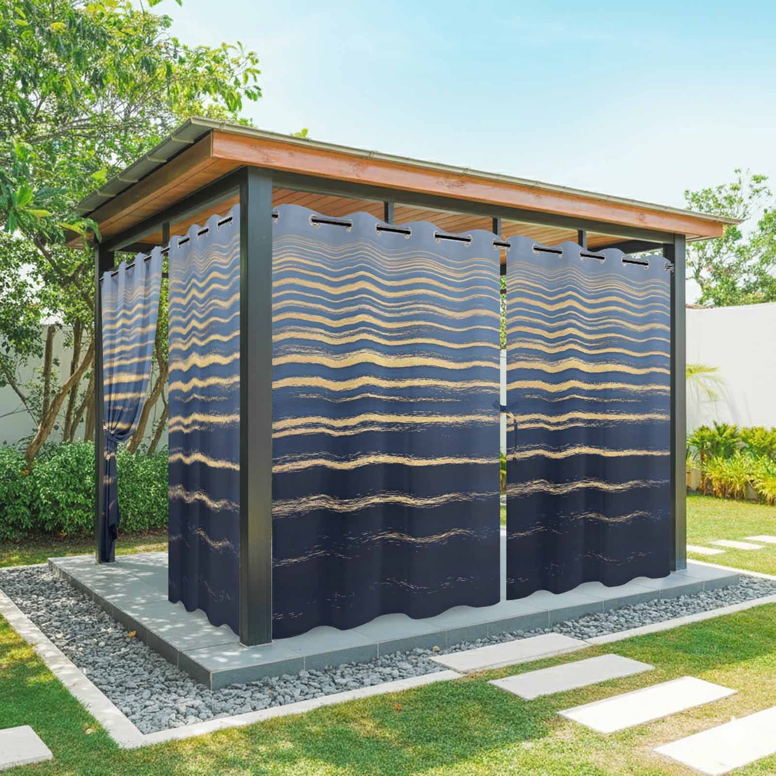 Abstract Golden Outdoor Curtains for Patio Waterproof, Water Wave Blue ...