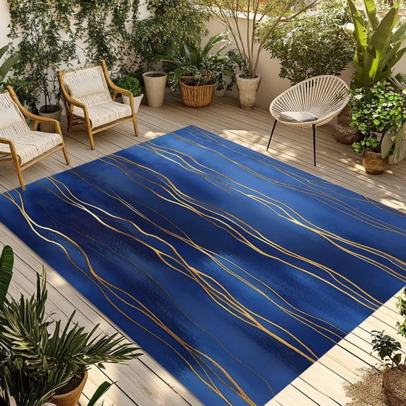 Abstract Golden Outdoor Rug, Water Ripple Dark Blue Sea Modern Art Non ...