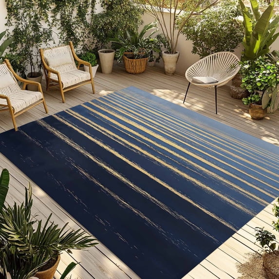 Abstract Golden Outdoor Rug, Water Wave Blue Ocean Sunrise Horizon Non ...