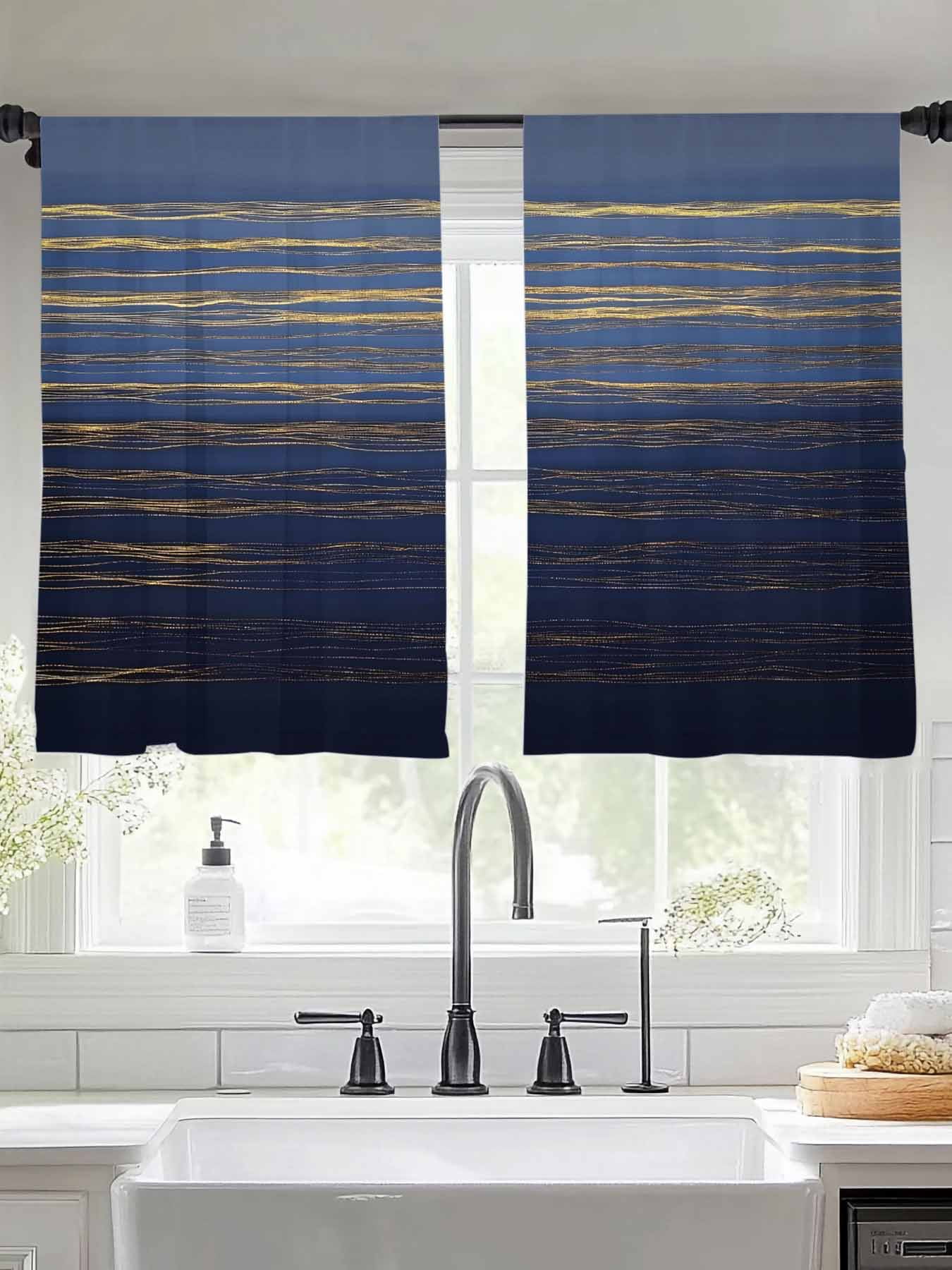 Abstract Golden Sheer Curtains 54 Inches Long 2 Panels Water Wave Dark ...