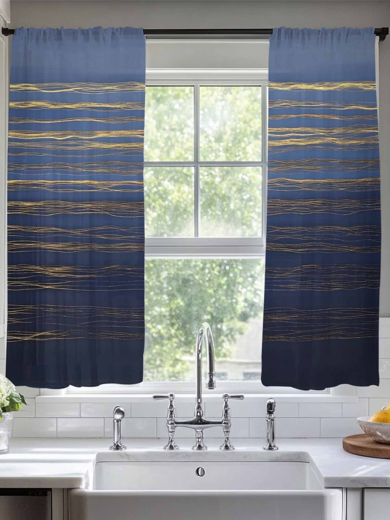 Abstract Golden Sheer Curtains 72 Inches Long 2 Panels Water Wave Dark ...