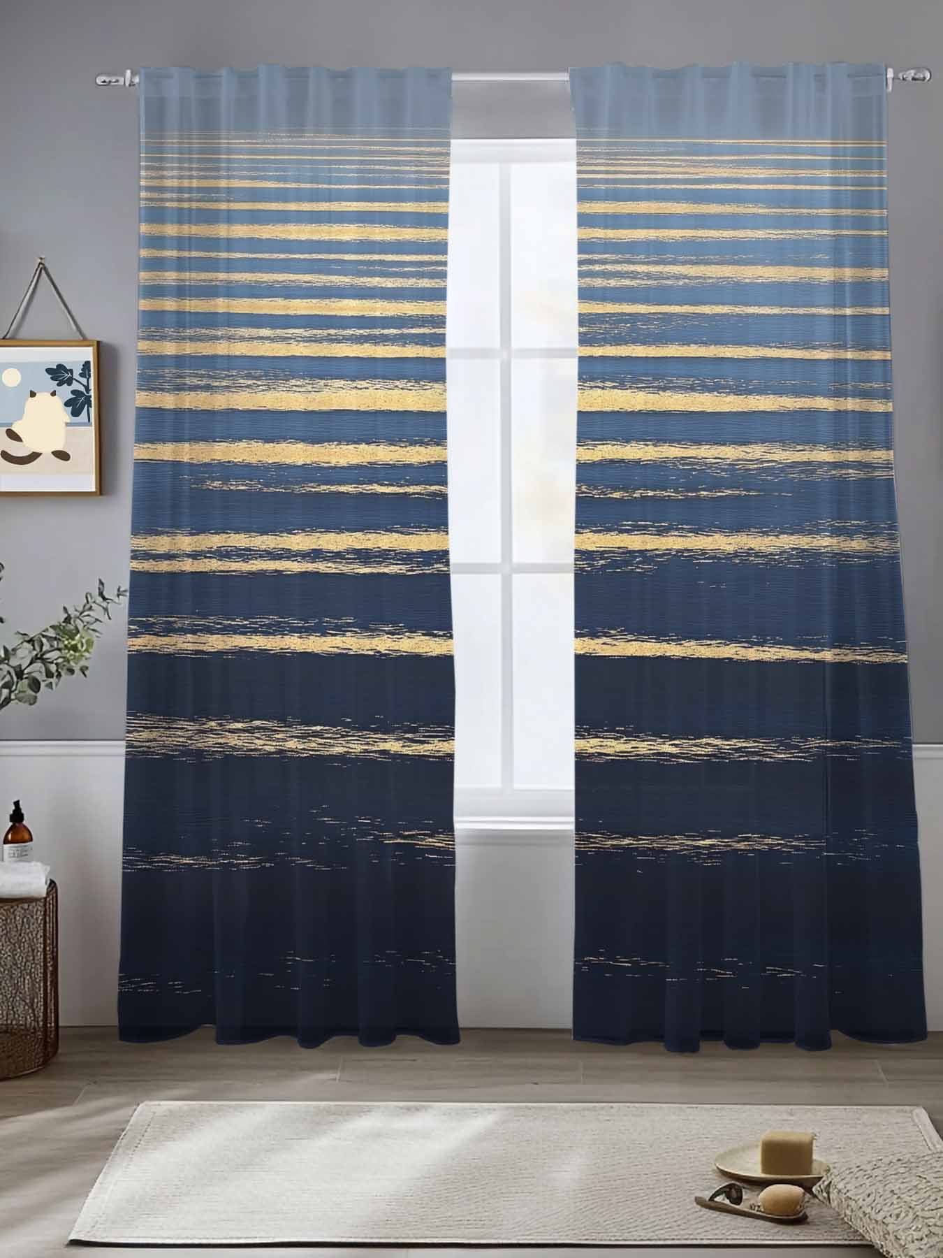 Abstract Golden Sheer Curtains 96 Inches Long 2 Panels Water Wave Blue ...