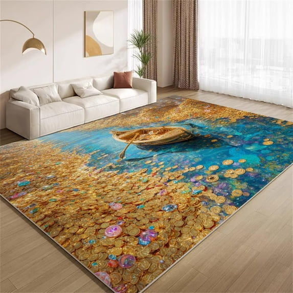 Abstract Golden Ship Area Rugs, Coin Treasure Carpet, Washable Non Slip ...