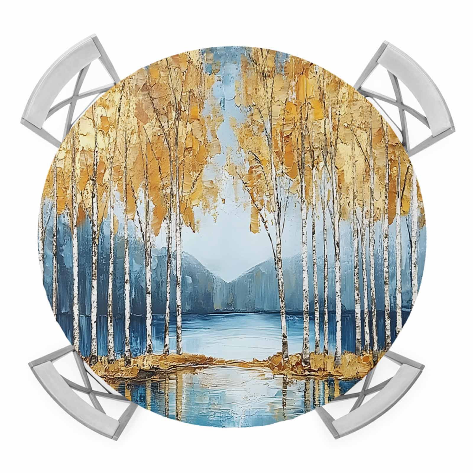 Abstract Golden Trees Lake Elastic Fitted Round Table Cover Blue ...