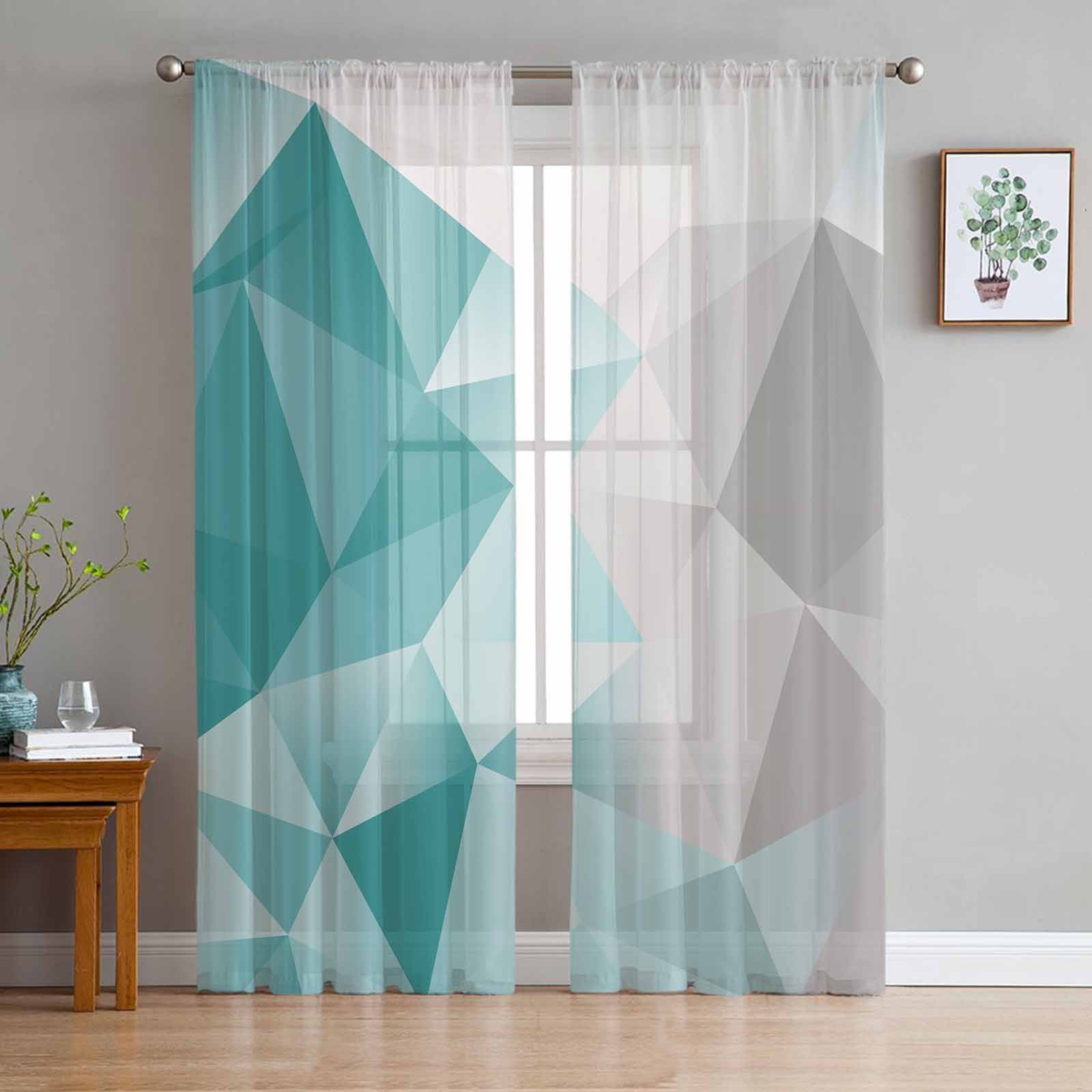 Abstract Gradient Blue Green Gray Triangle Tulle Curtains for Living ...