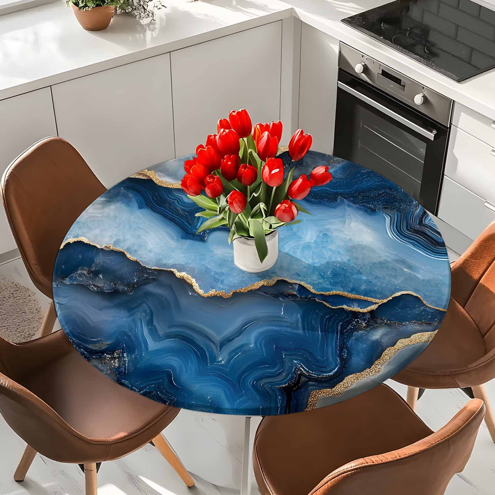 Abstract Gradient Blue Marble Texture Round Fitted Tablecloth with ...