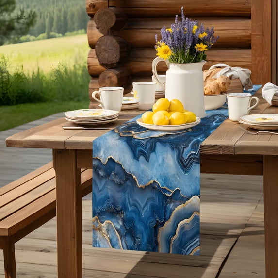 Abstract Gradient Blue Marble Texture Table Runner 60 Inch Long Gold ...