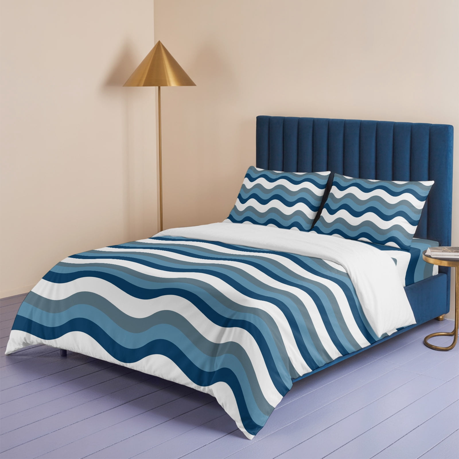 Abstract Gradient Blue Ocean Waves Queen Size Bed Set,Minimalist Art ...
