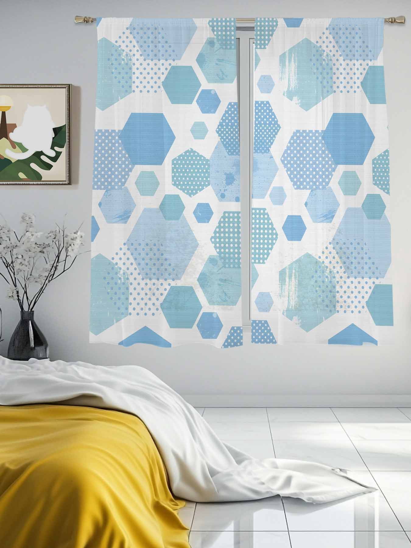 Abstract Gradient Blue White Color Block Sheer Curtains 2 Panels Set ...