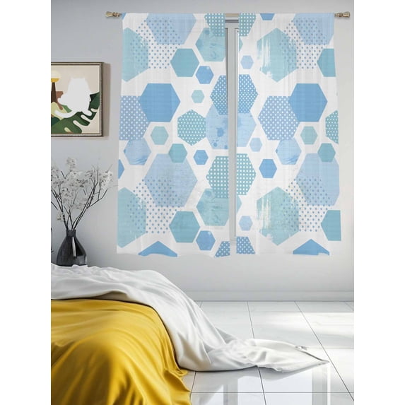 Abstract Gradient Blue White Color Block Sheer Curtains 2 Panels Set ...