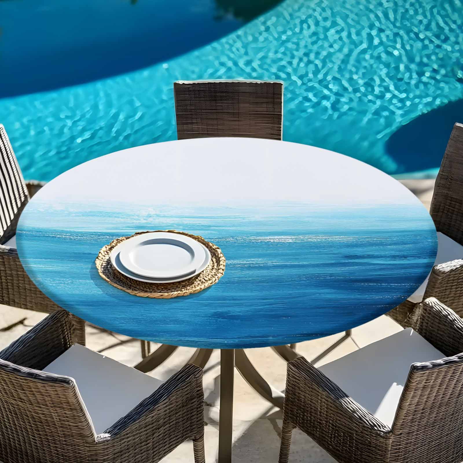 Abstract Gradient Blue White Colored Art Round Fitted Tablecloth with ...