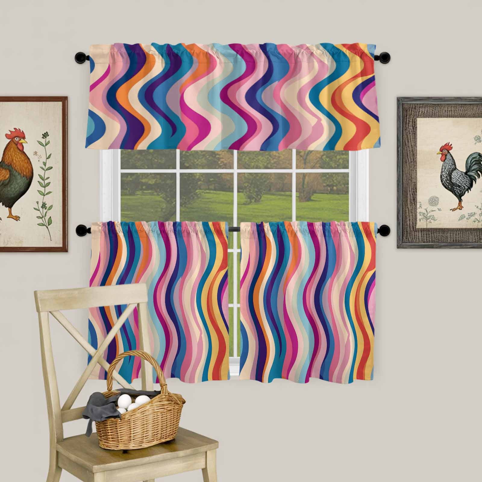 Abstract Gradient Colorful Wave Texture Curtain Tier and Valance Set 3 ...