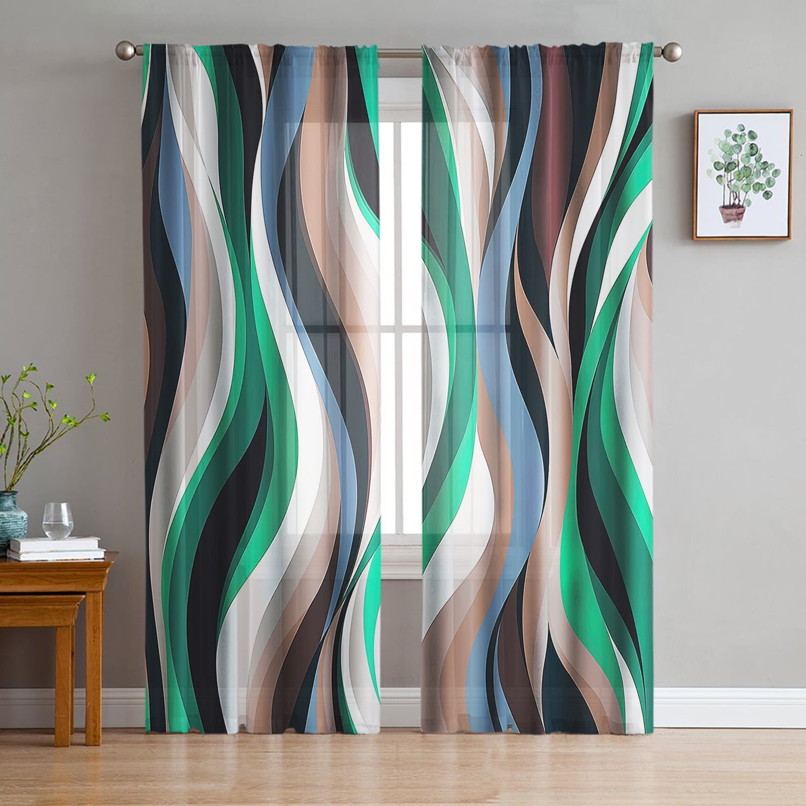 Abstract Gradient Distorted Blue Bedroom Transparent Sheer Curtains ...