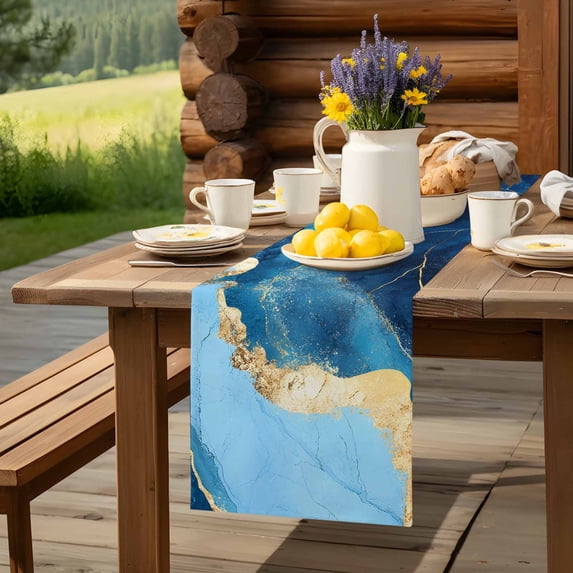Abstract Gradient Gold Art Table Runner 60 Inch Long Marbling Stone ...