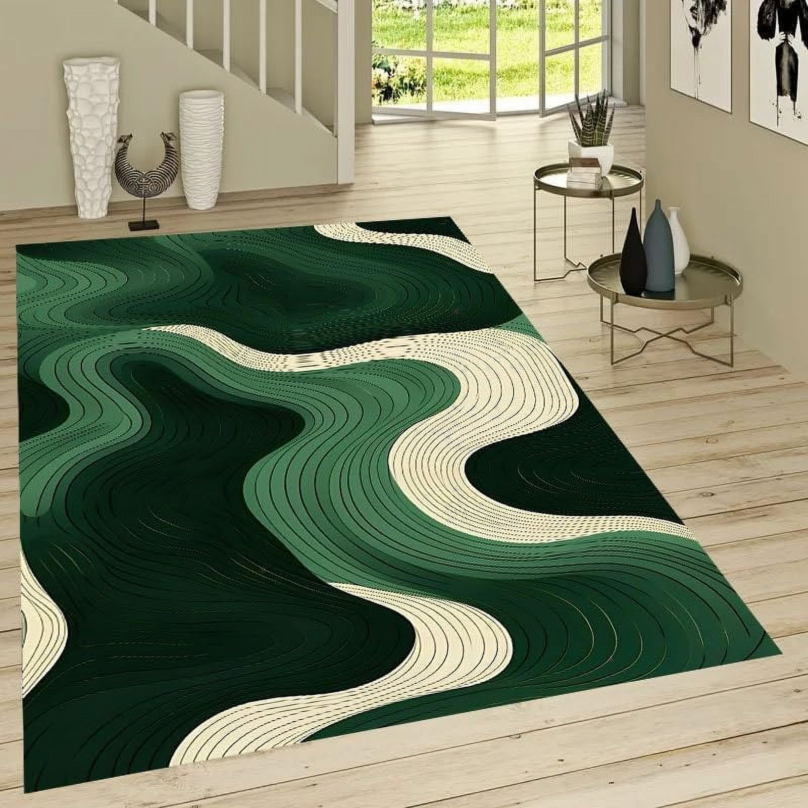 Abstract Gradient Green Area Rug Wave Geometric Anti-Slip Short Pile ...