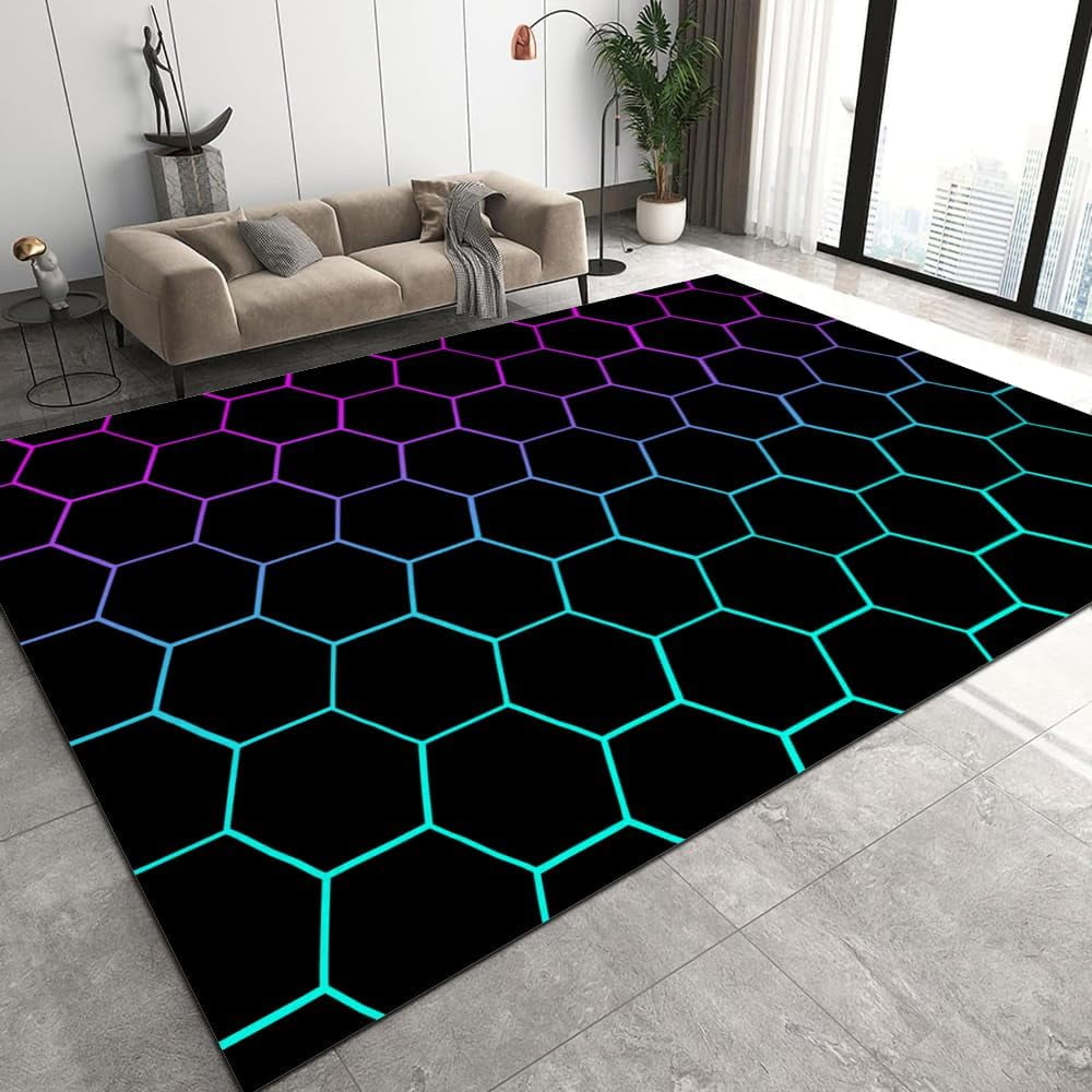 Abstract Gradient Honeycomb Area Rugs, Geometric Neon Lights Non Slip ...