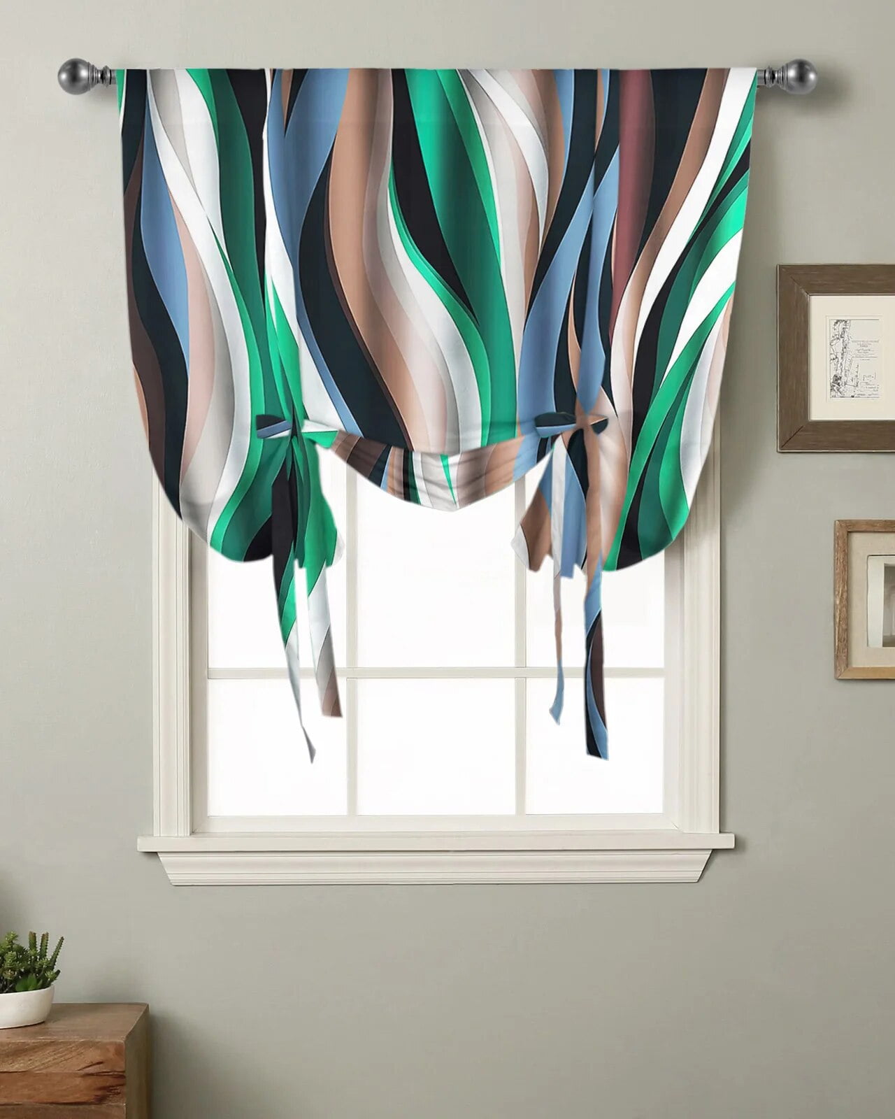 Abstract Gradient Line Color Block Green Kitchen Short Window Curtain ...