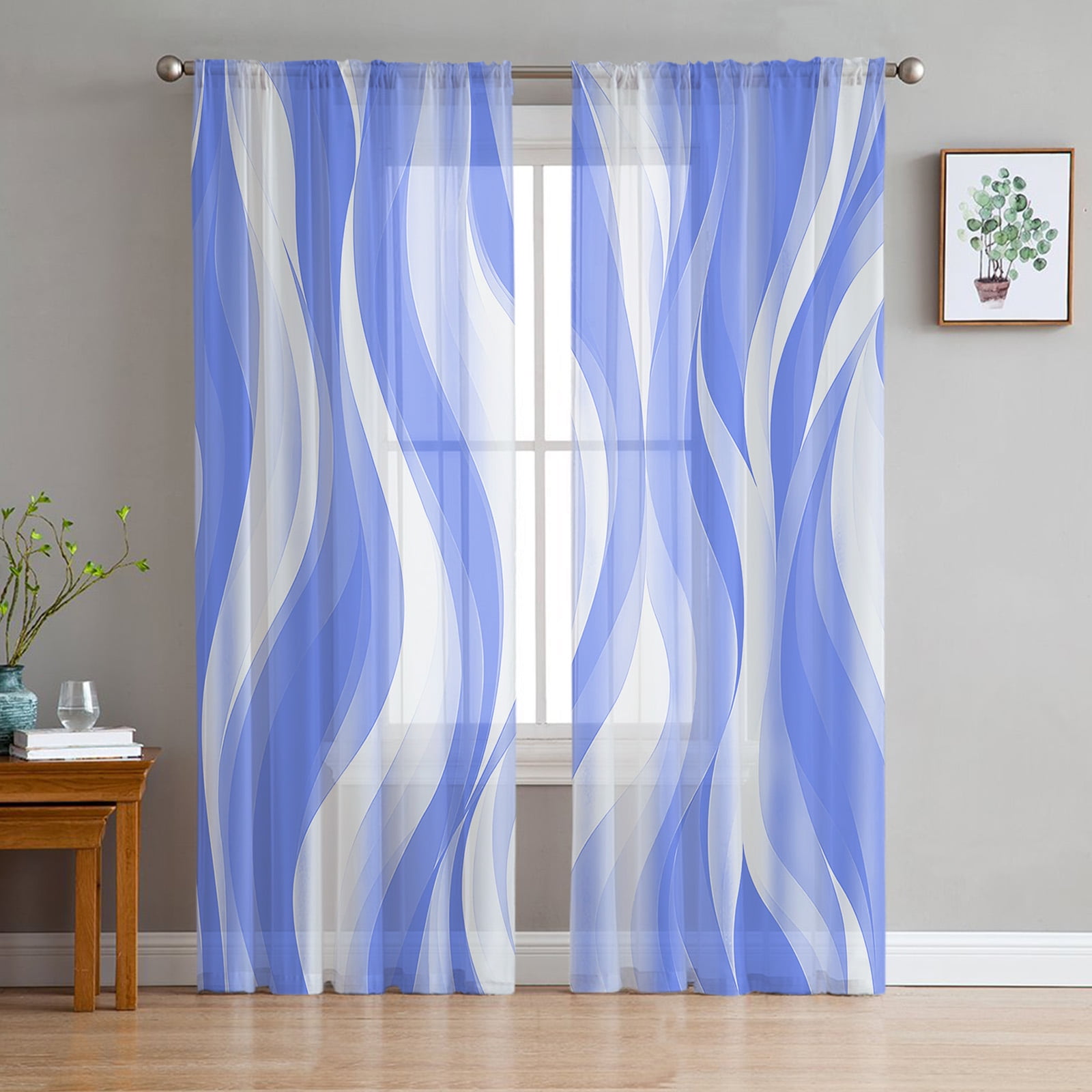 Abstract Gradient Line Light Blue Voile Sheer Curtains Living Room Window Tulle Curtain Kitchen ...