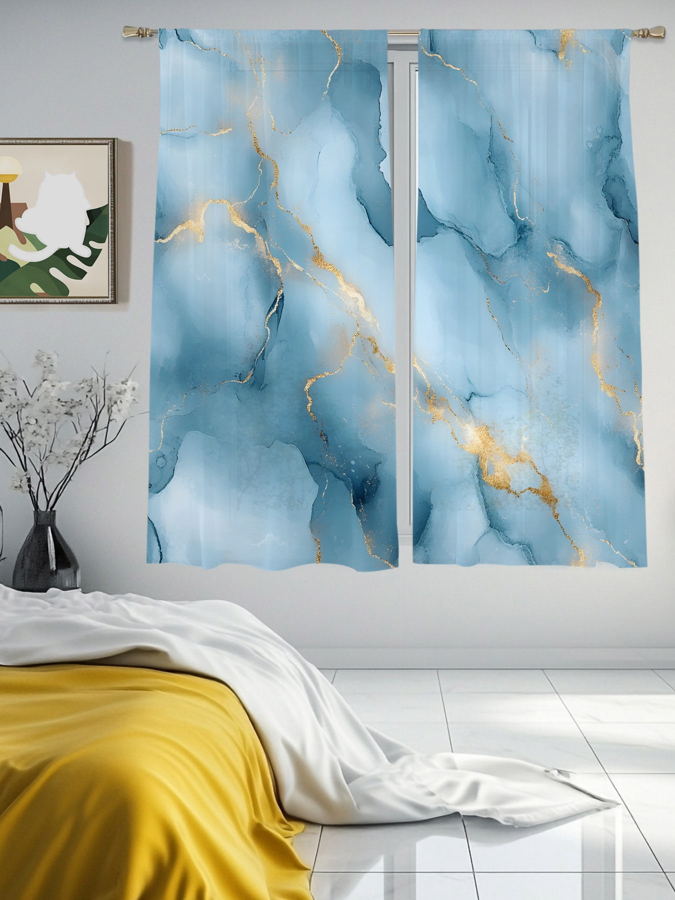 Abstract Gradient Marble Texture Chiffon Sheer Curtains 63 Inches Long ...
