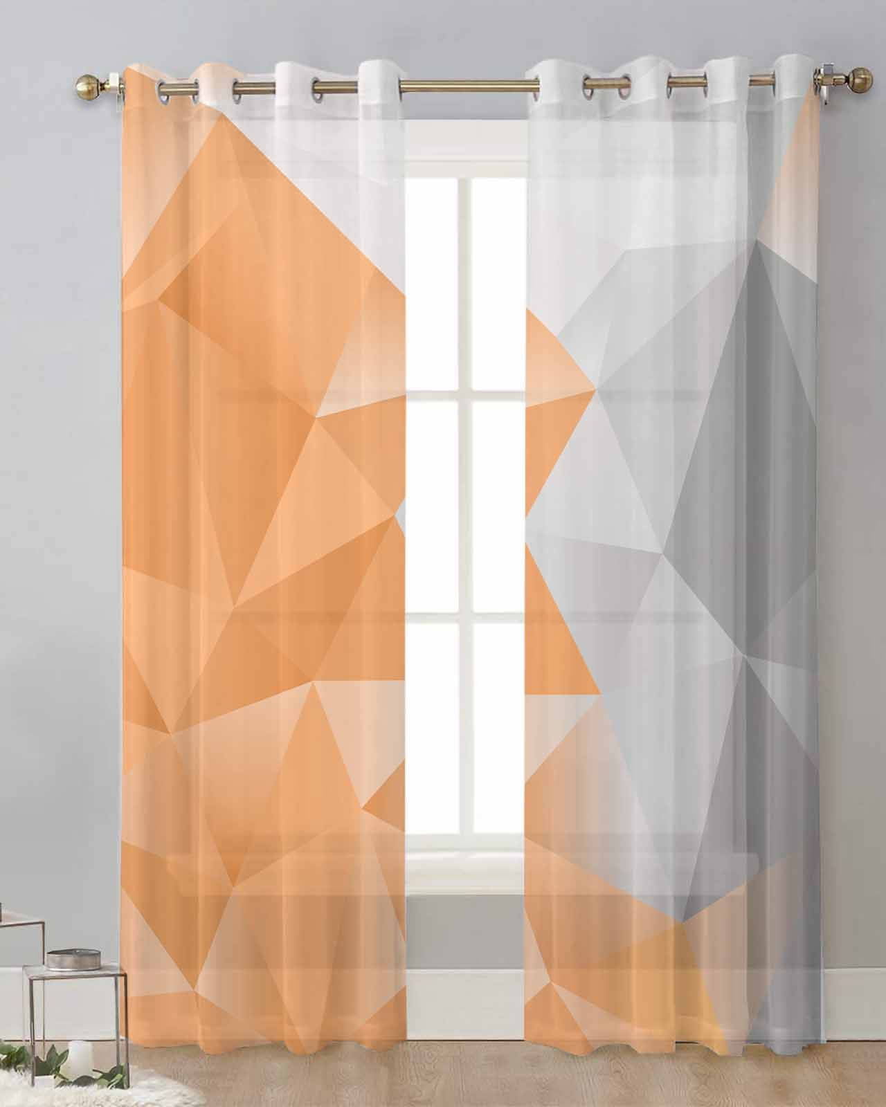 Abstract Gradient Orange Gray Triangle Bedroom Voile Curtain Window Treatment Drapes Tulle Sheer ...