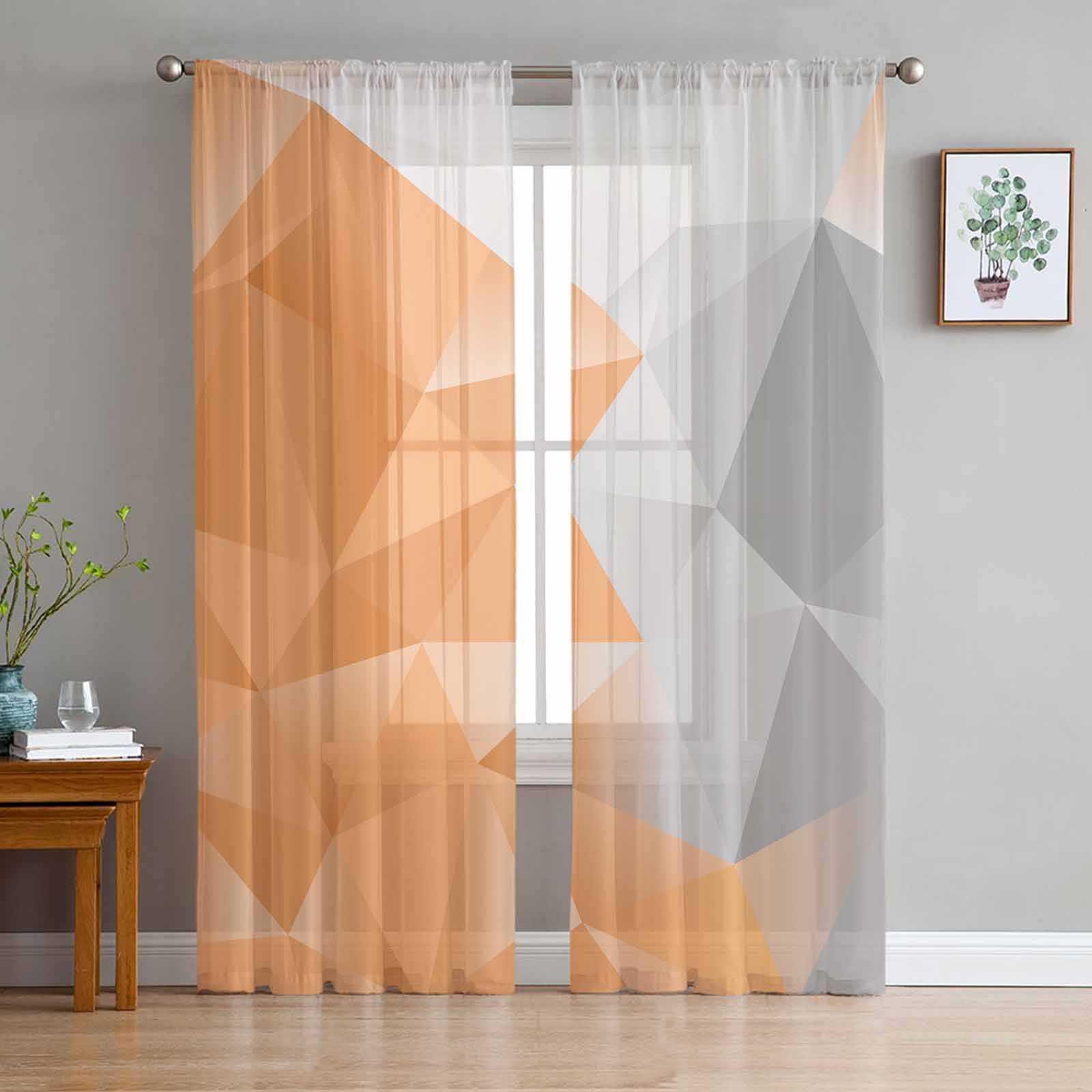 Abstract Gradient Orange Gray Triangle Sheer Curtains for Kids Bedroom ...