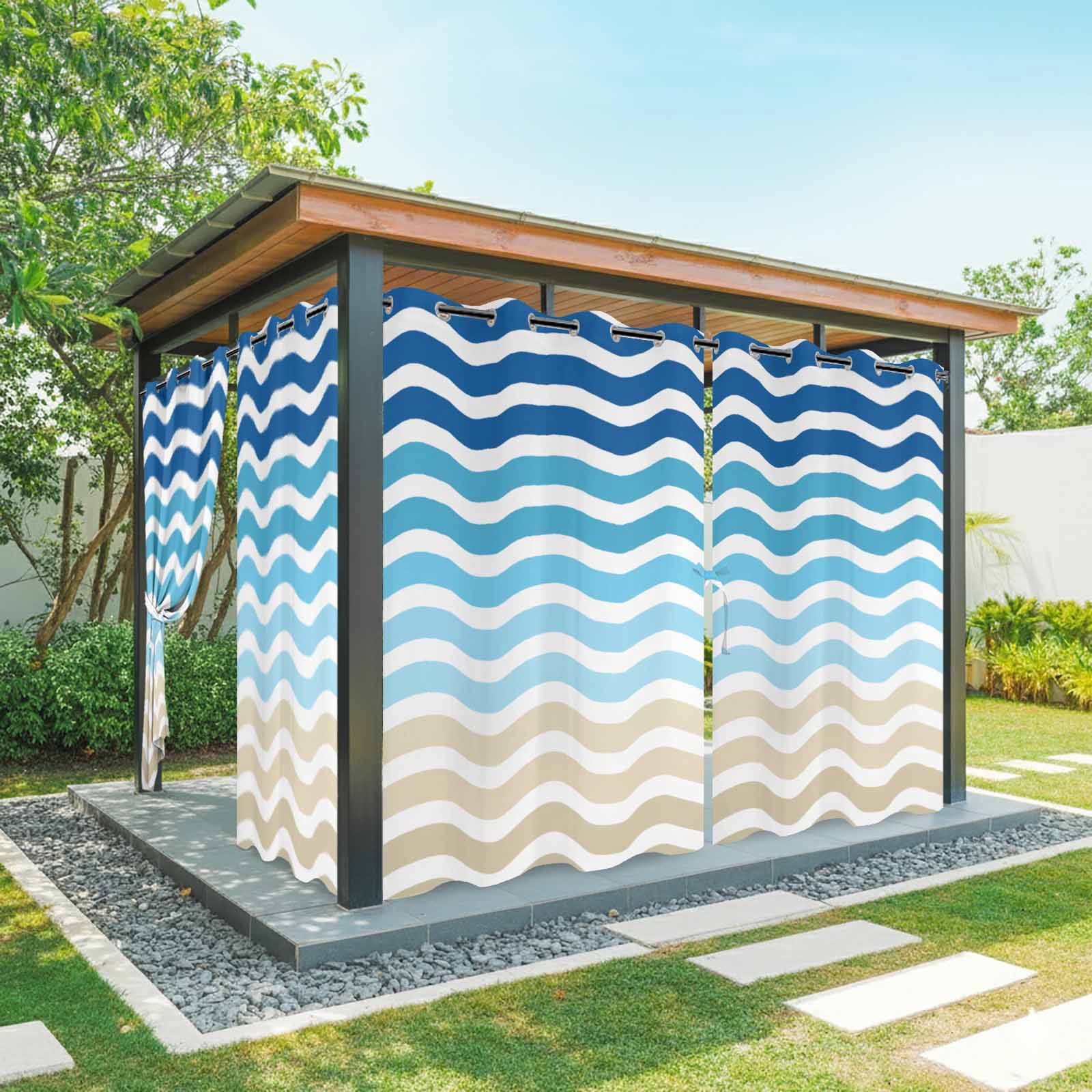 Abstract Gradient Outdoor Curtains for Patio, Waves Blue Khaki Water ...