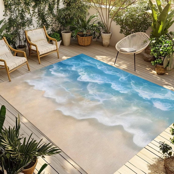 Abstract Gradient Outdoor Rug, Beach Blue Water Ripple Scenery Non-Slip ...