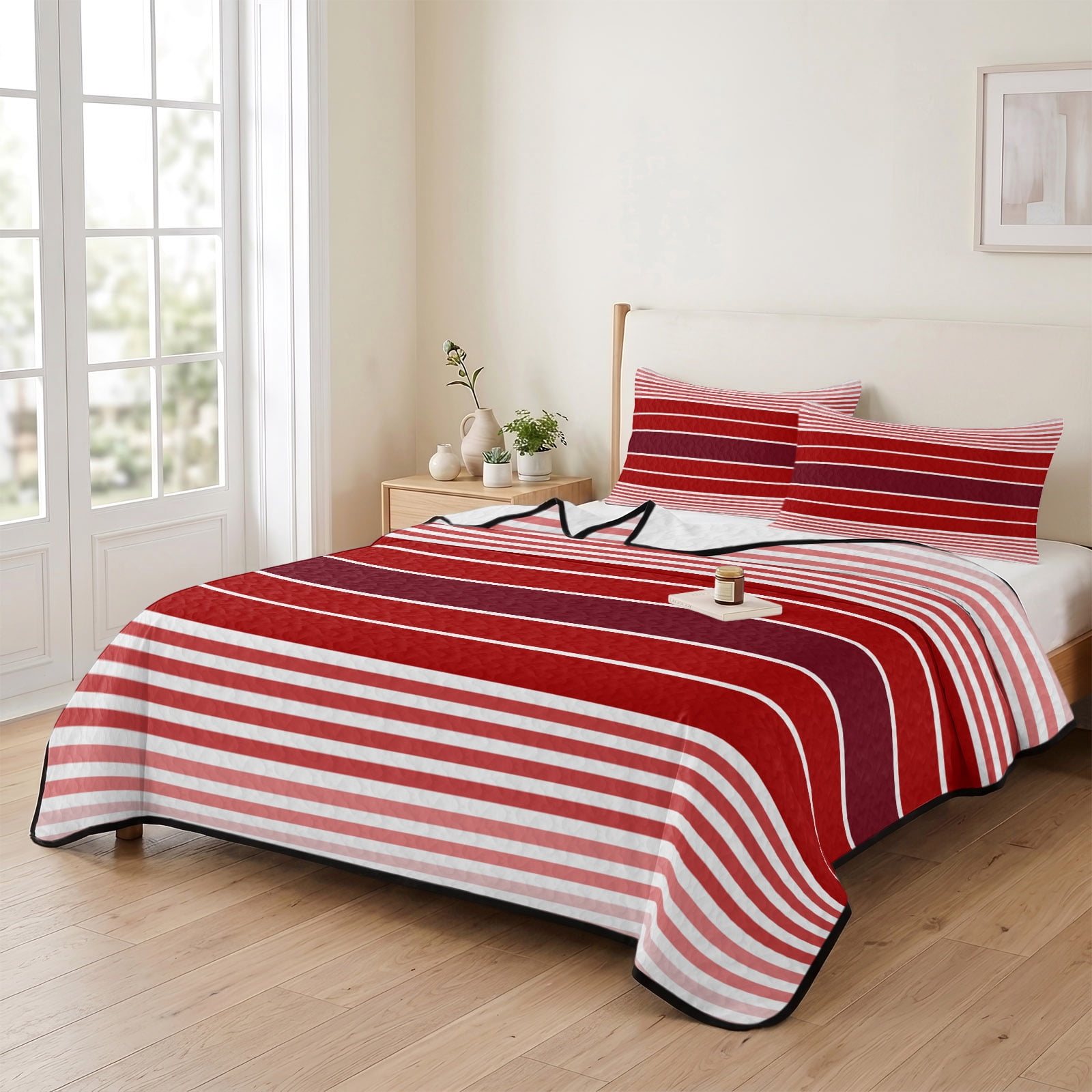 Abstract Gradient Red White Stripes 3 Pieces Quilt Set,1 Quilt with 2 ...