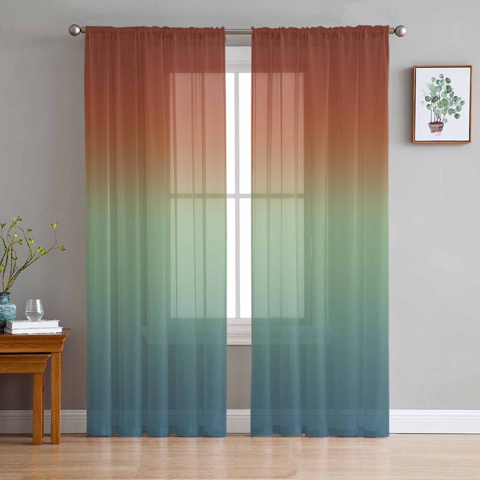 Abstract Gradient Rust Red Blue-Green Sheer Curtains for Living Room ...