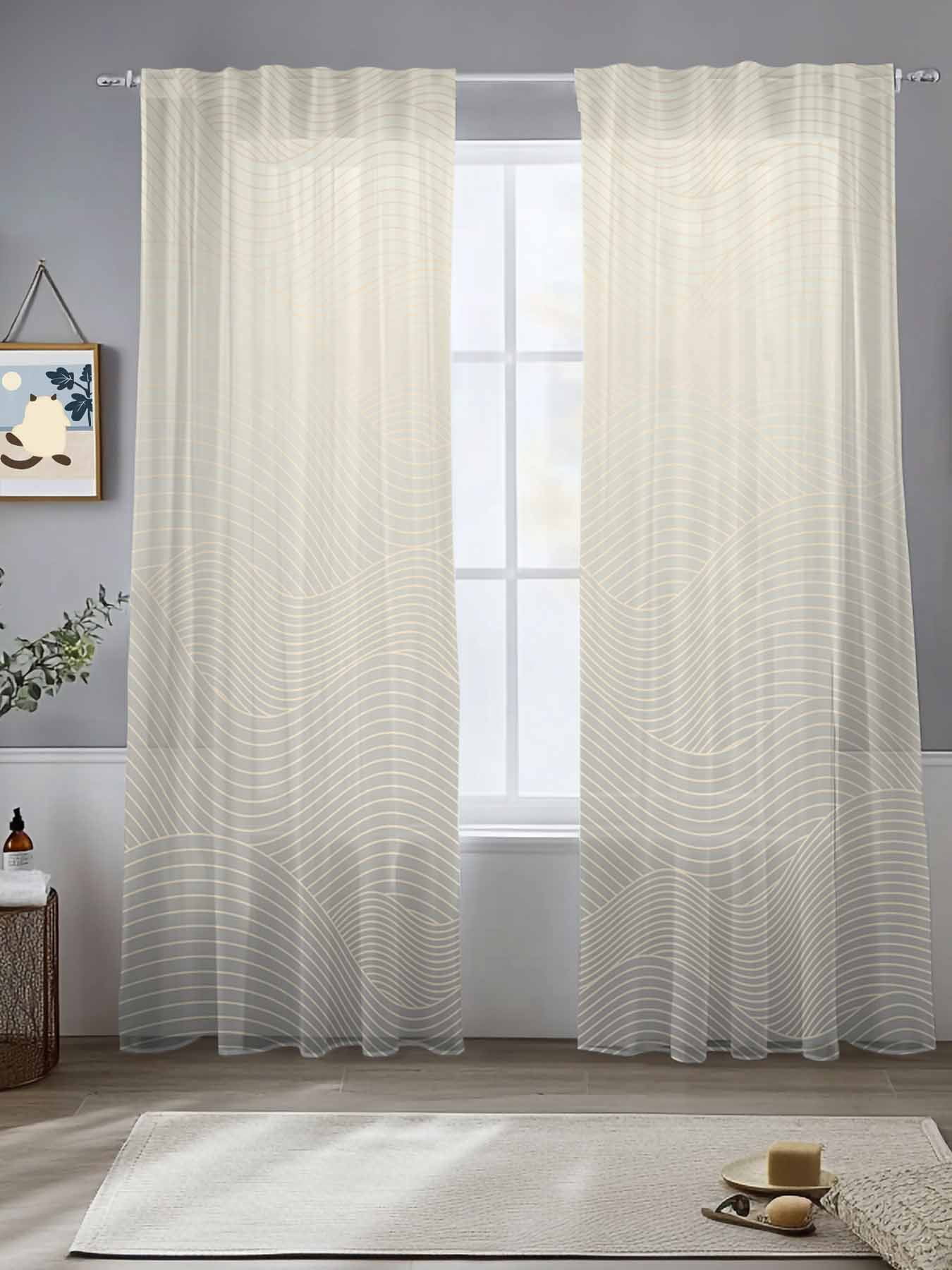 Abstract Gradient Sheer Curtains 84 Inches Long 2 Panels Line Art Light ...