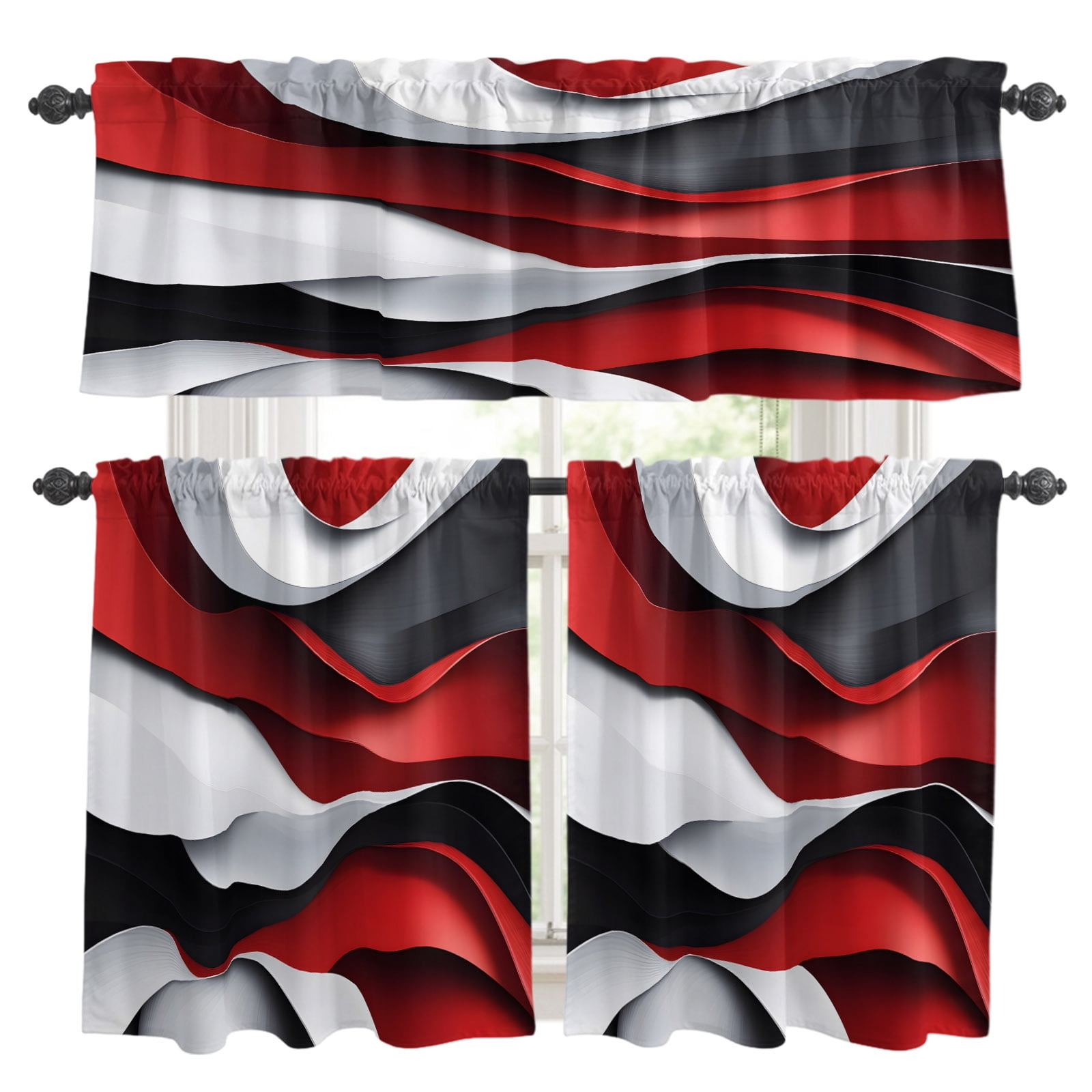 Abstract Gradient Stitching Kitchen Curtains Valance and Tier Set Red ...