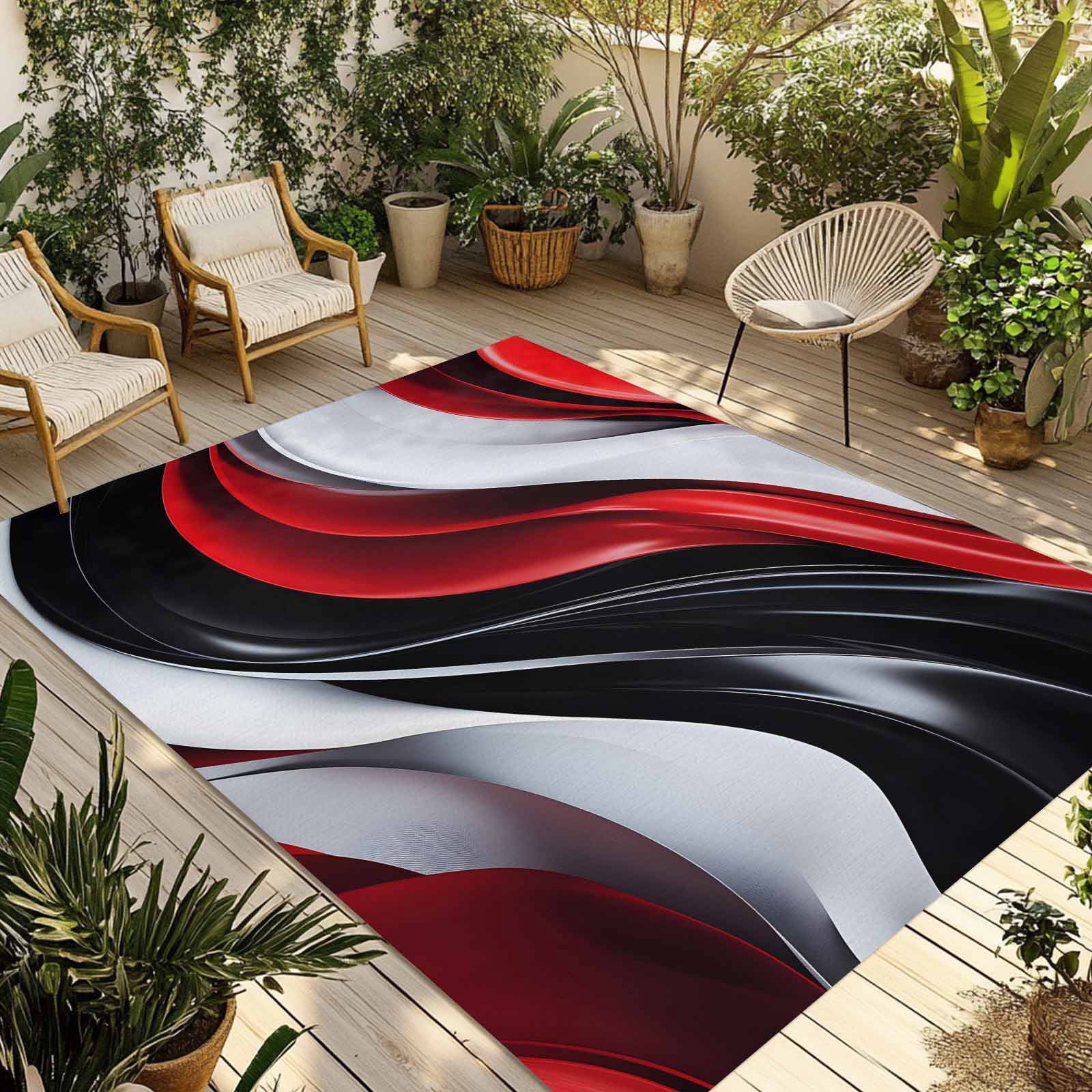 Abstract Gradient Stitching Outdoor Rug, Black Gary Red Water Ripple ...