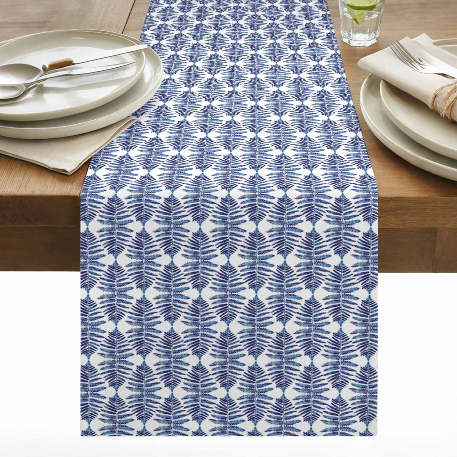 Abstract Gradient Table Runner 13x60 inch Leaves Texture Cotton Linen ...
