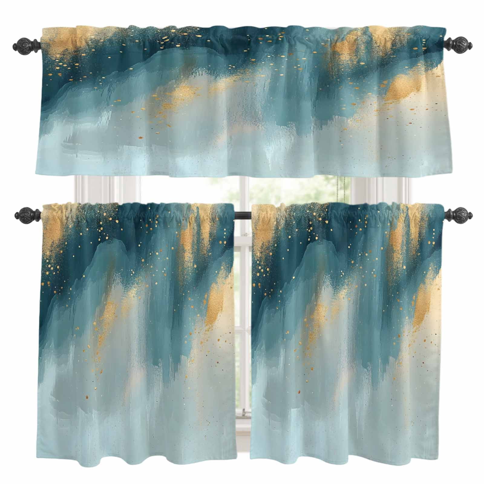 Abstract Gradient Teal Gold Kitchen Curtains Valances and Tiers Set of ...