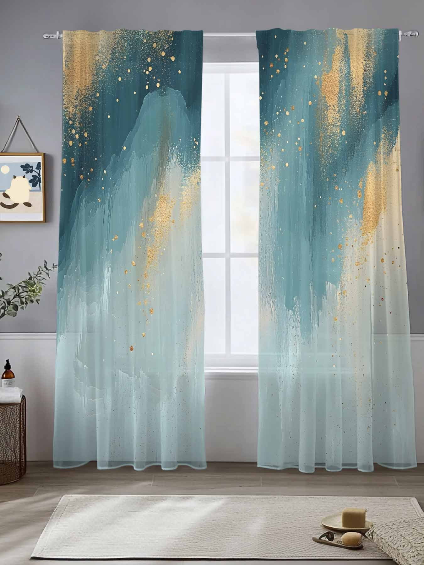 Abstract Gradient Teal Gold Sheer Curtains 84 Inches Long 2 Panels ...