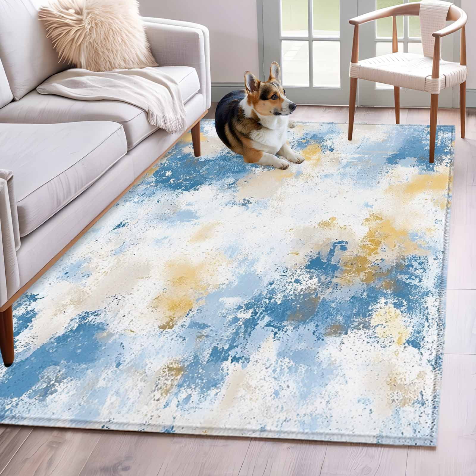 Abstract Graffiti Area Rugs 3x5 ft White Yellow Blue Oil Painting Style ...