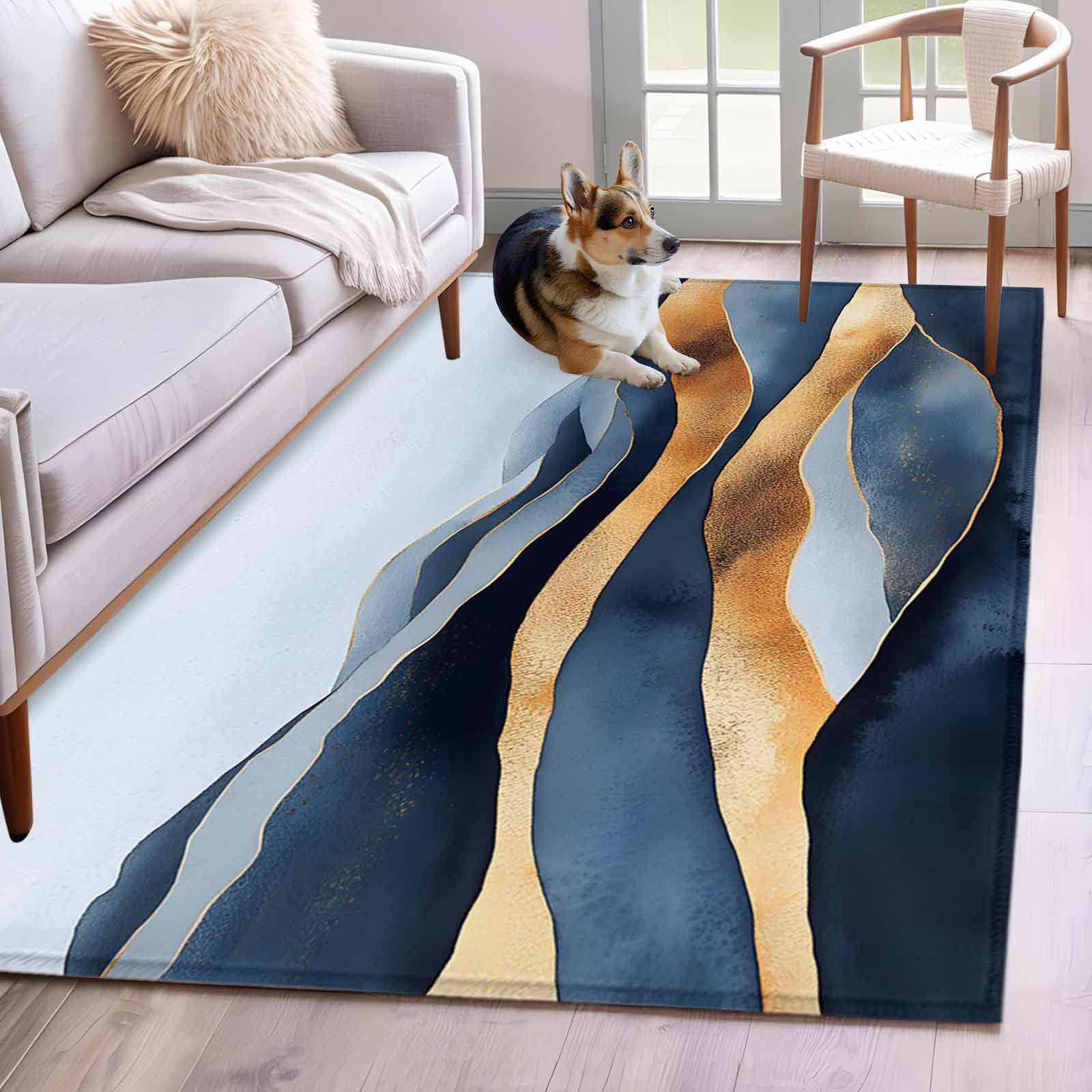 Abstract Graffiti Area Rugs 4x6 ft Blue Gold Stripe Water Ripples ...