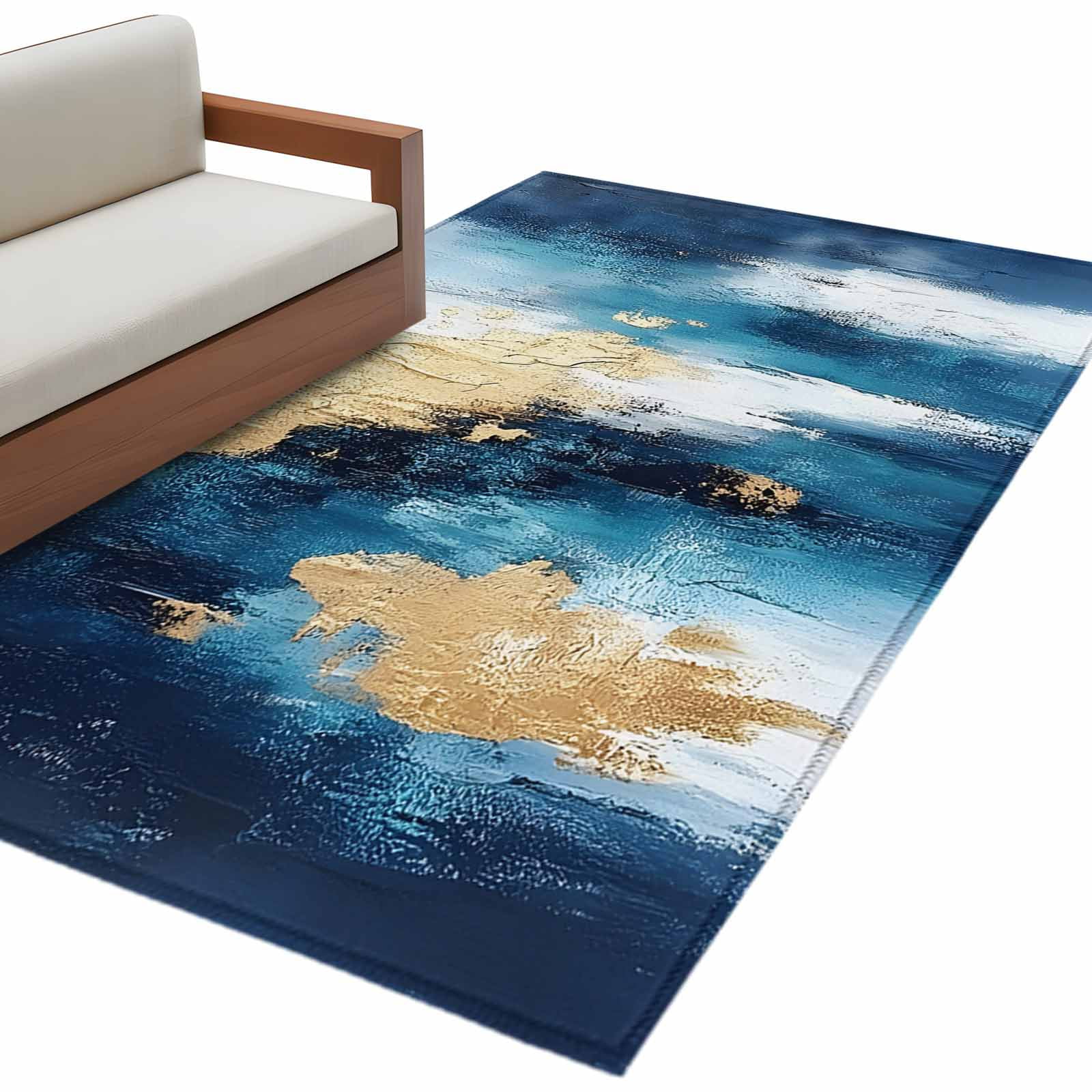 Abstract Graffiti Art Area Rug 2.7x5ft Gold Blue Blending Design Non ...