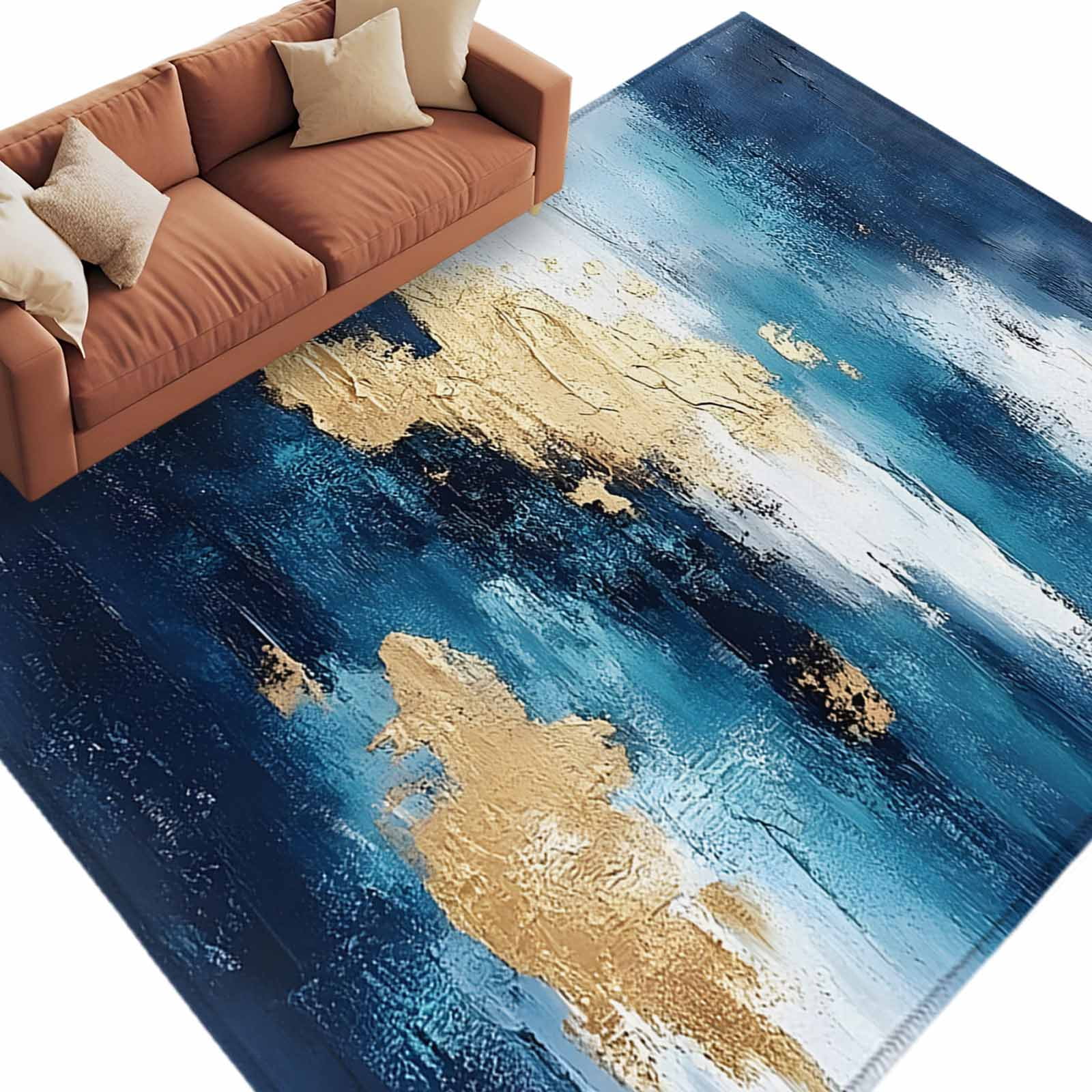 Abstract Graffiti Art Area Rug 5x8ft Gold Blue Blending Design Non-Slip ...