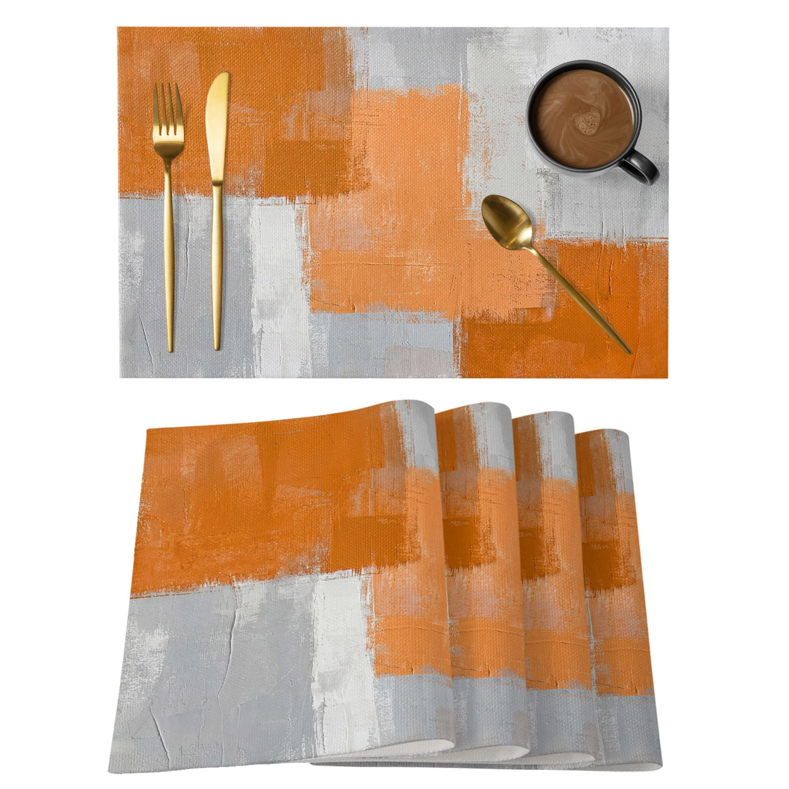 Abstract Graffiti Art Cotton Linen Placemats Set of 8, Orange Grey ...