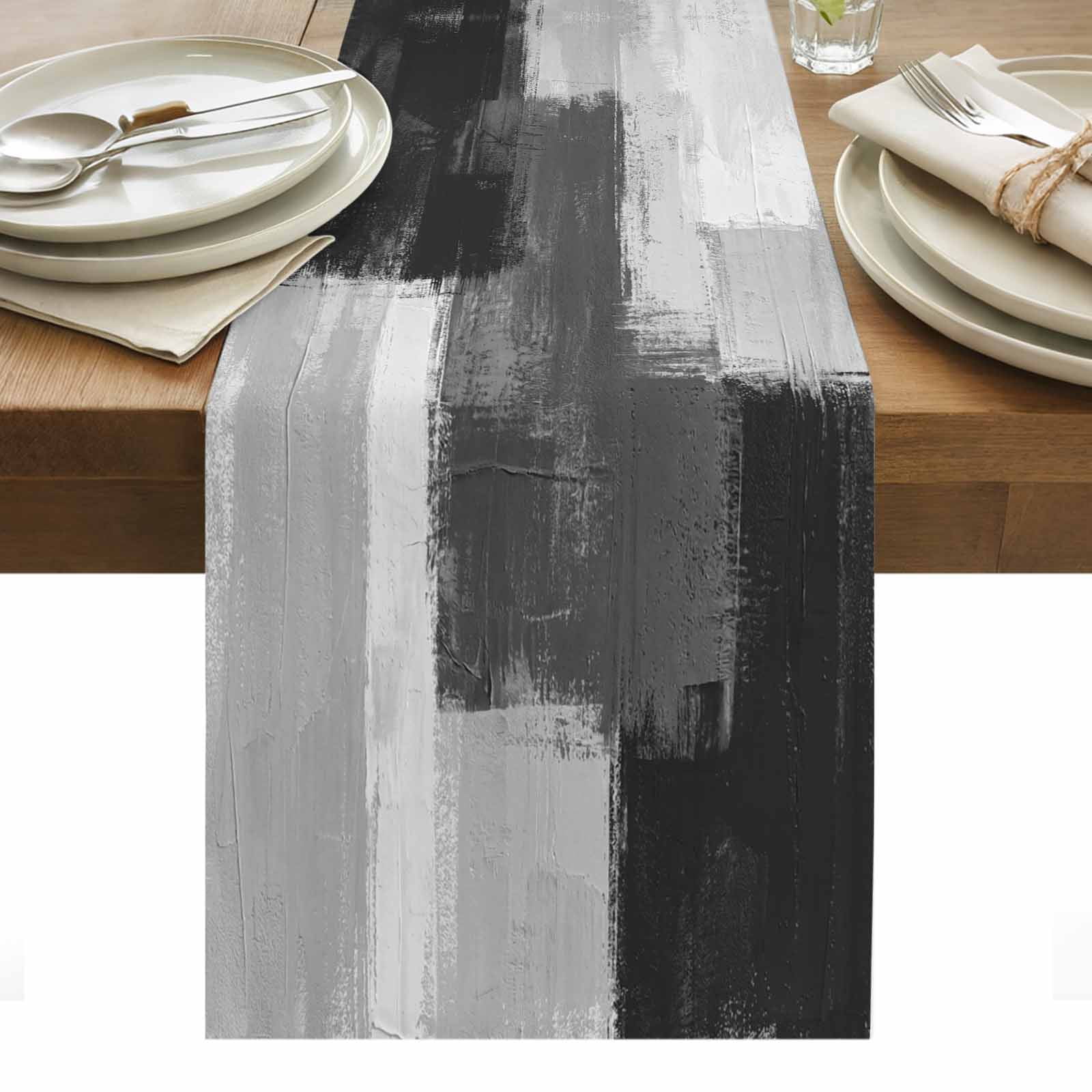 Abstract Graffiti Art Cotton Linen Table Runner Black Grey Geometric ...
